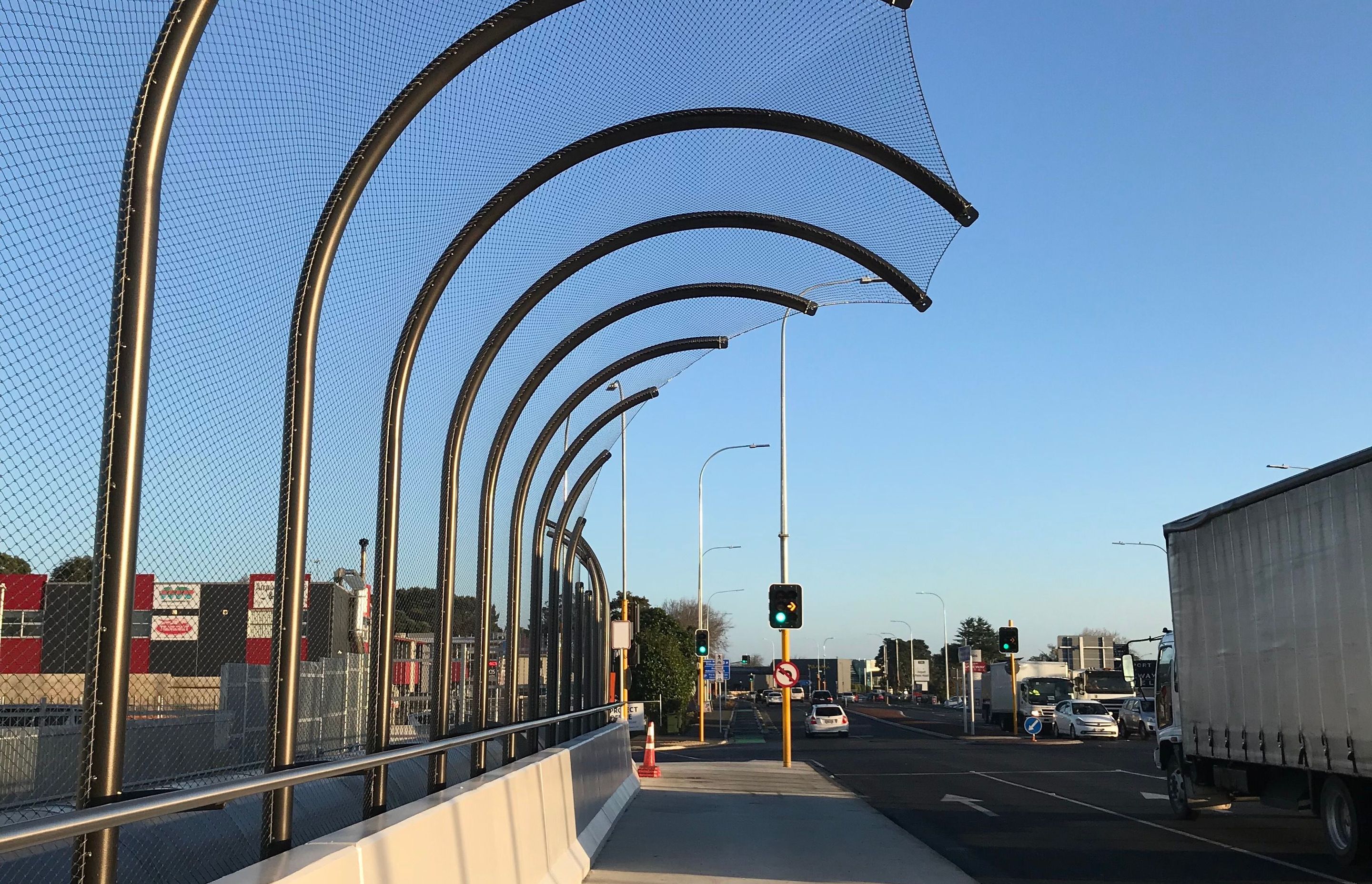 Kirkbride Road / SH20A intersection over bridge - anti-throw mesh ...