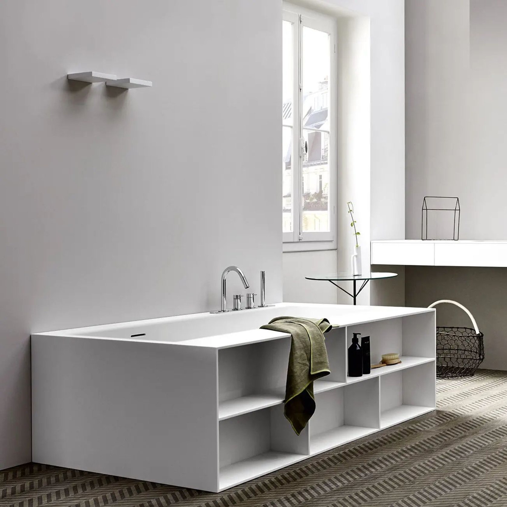 Cube Bathtub with Built-In Shelves | ArchiPro NZ