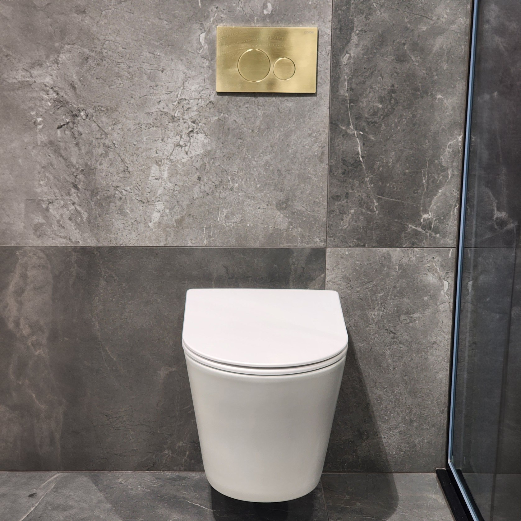Code Pure Typhoon Wall Hung Toilet Suite X Brushed Brass Button | ArchiPro NZ
