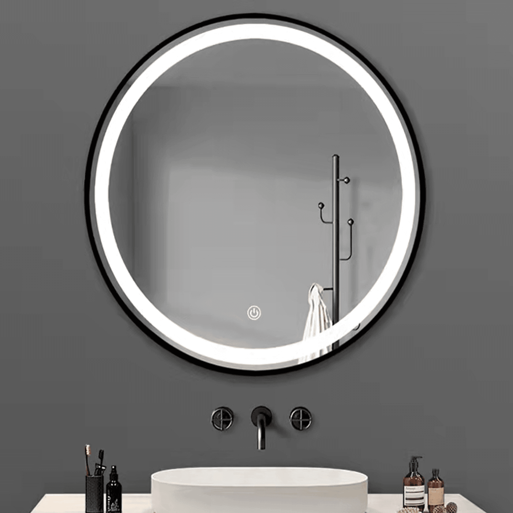 Nova Frost Frame - LED Mirror Round with Frosted Edge and Black Frame ...